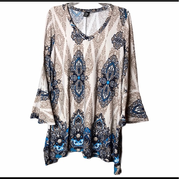 WinWin | Tops | Win Win Tan Long Sleeve Flare Bottom Tunic Lxl | Poshmark